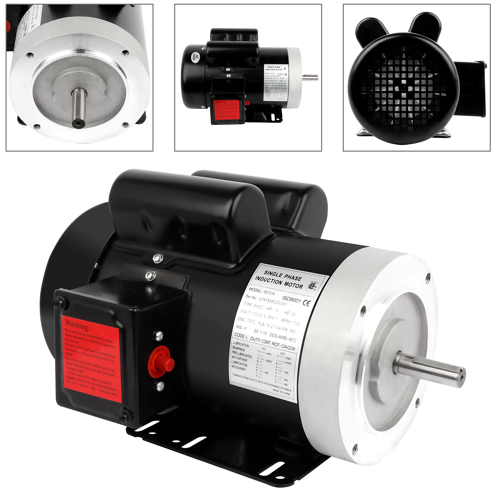1.5HP Electric Motor General Purpose Single Phase Motor 1750RPM 56C 115/230V 5/8"Shaft Diameter CW/CCW TEFC IP55 60HZ
