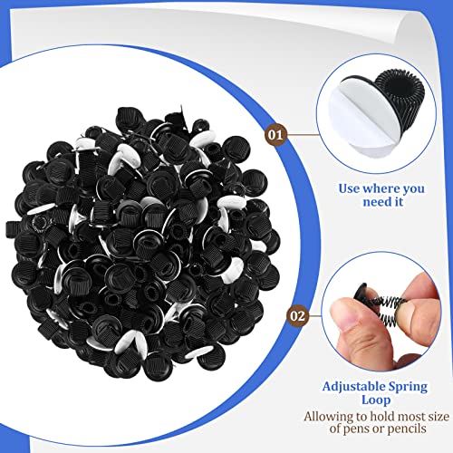100 Pcs Metal Pen Holder Clips Self Adhesive Pen Pencil Organizer with Adjustable Spring Loop Manganese Steel Pen Clip Fit any Pens, Whiteboard Refrigerator Erase Board Bulletin Board Map (Black)