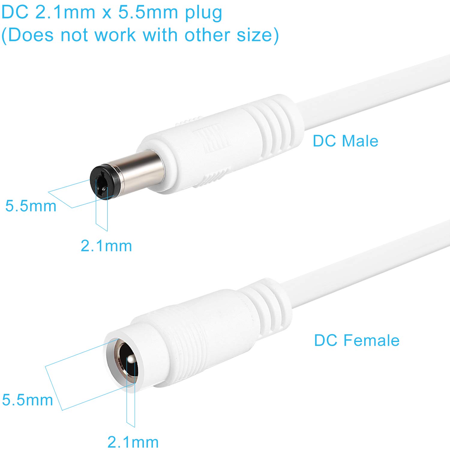 2 Pack DC Power Extension Cable 25ft 2.1mm x 5.5mm Compatible with 12V DC Adapter Cord for CCTV IP Camera, LED, Car, White