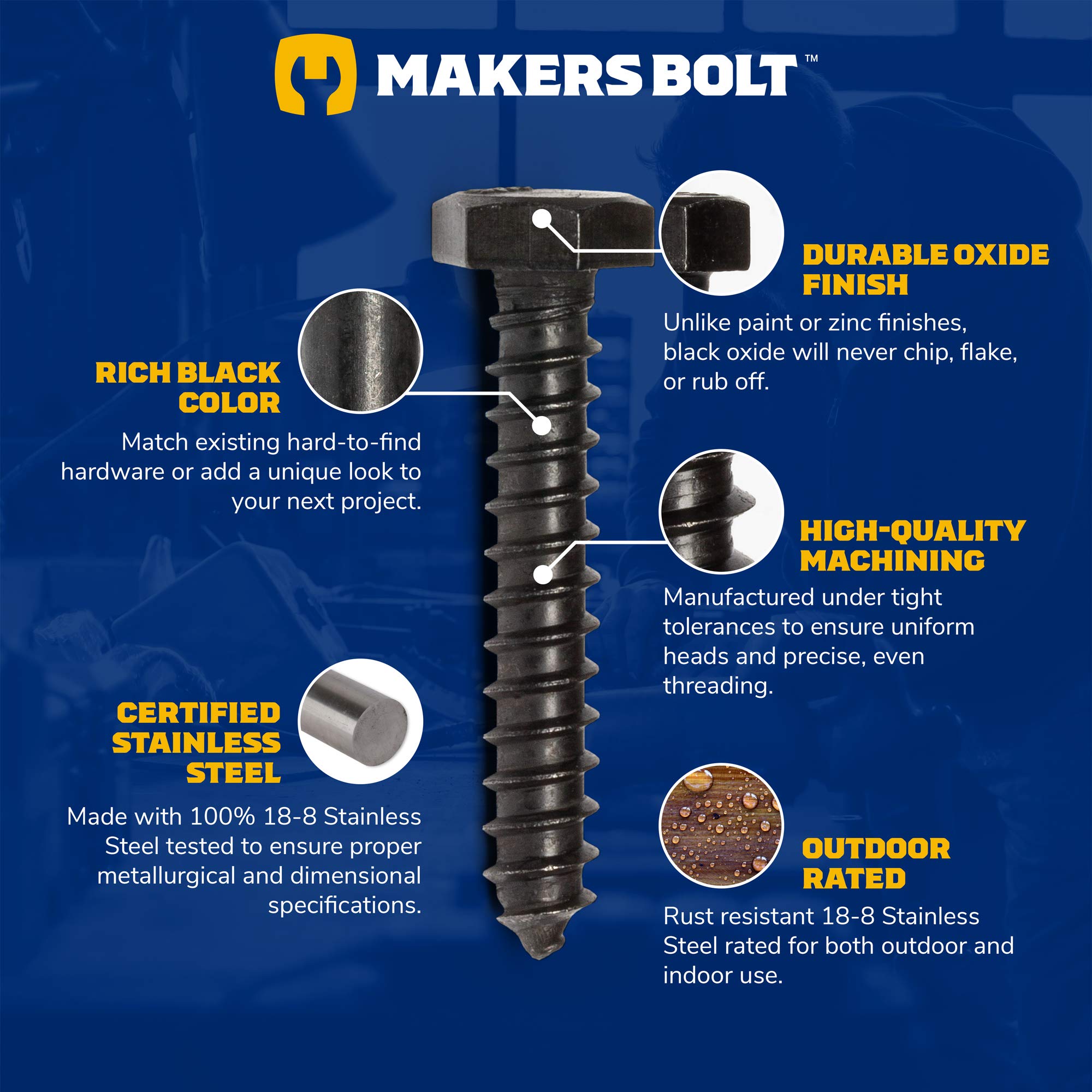 1/4" x 1-1/2" Stainless Steel Hex Lag Bolts (25 pcs) Black Oxidized in USA by Makers Bolt
