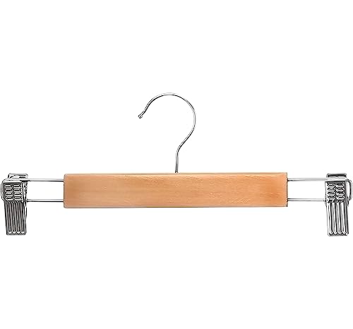 10 PACK Wooden Skirt Hangers with Clips - Smooth Finish Solid Wood Pants Hangers with clips - Natural Wood Color - Clip Hanger for Pant, Skirts, Slacks
