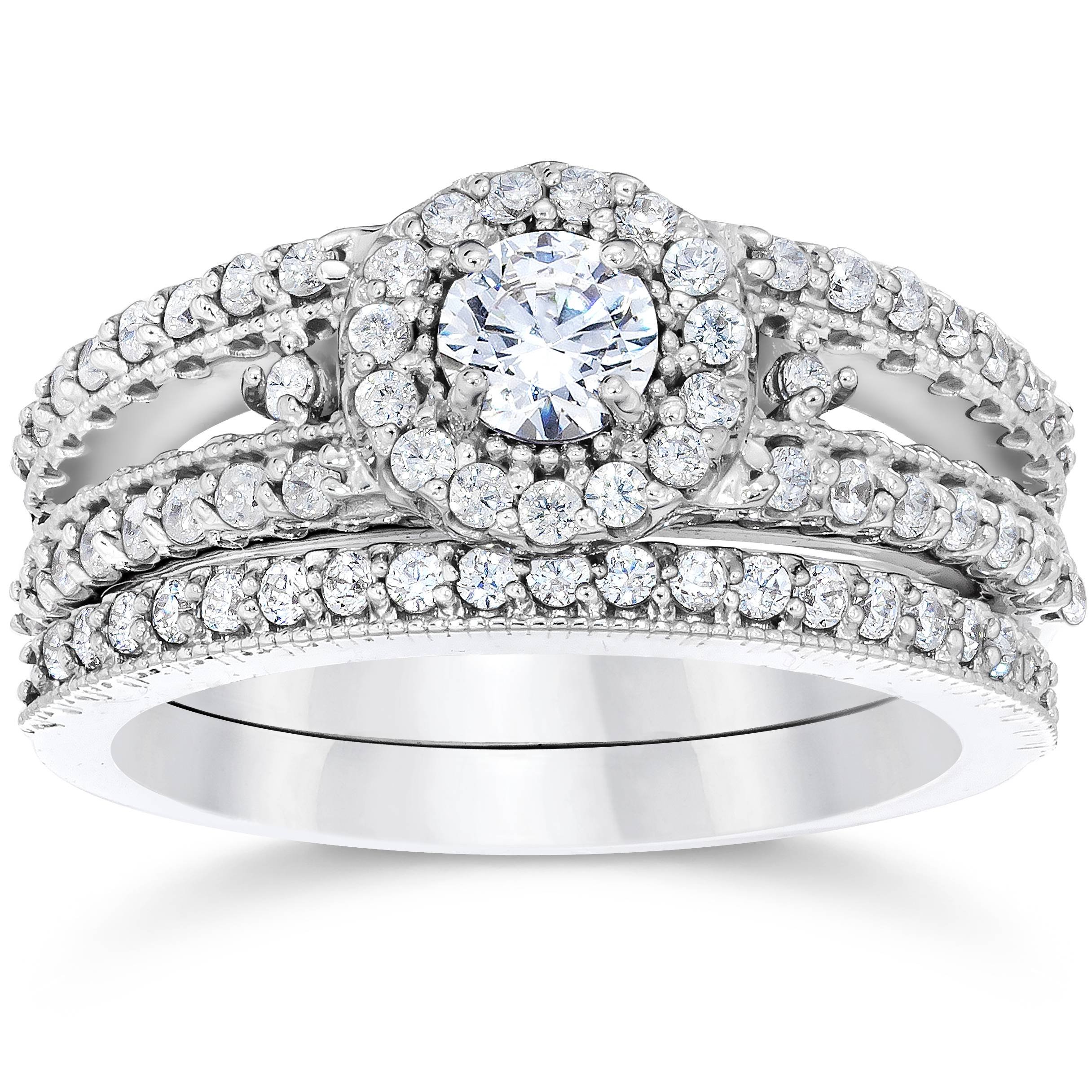 1 Carat Vintage Halo Diamond Engagement Wedding Ring Set 14K White Gold - Size 8