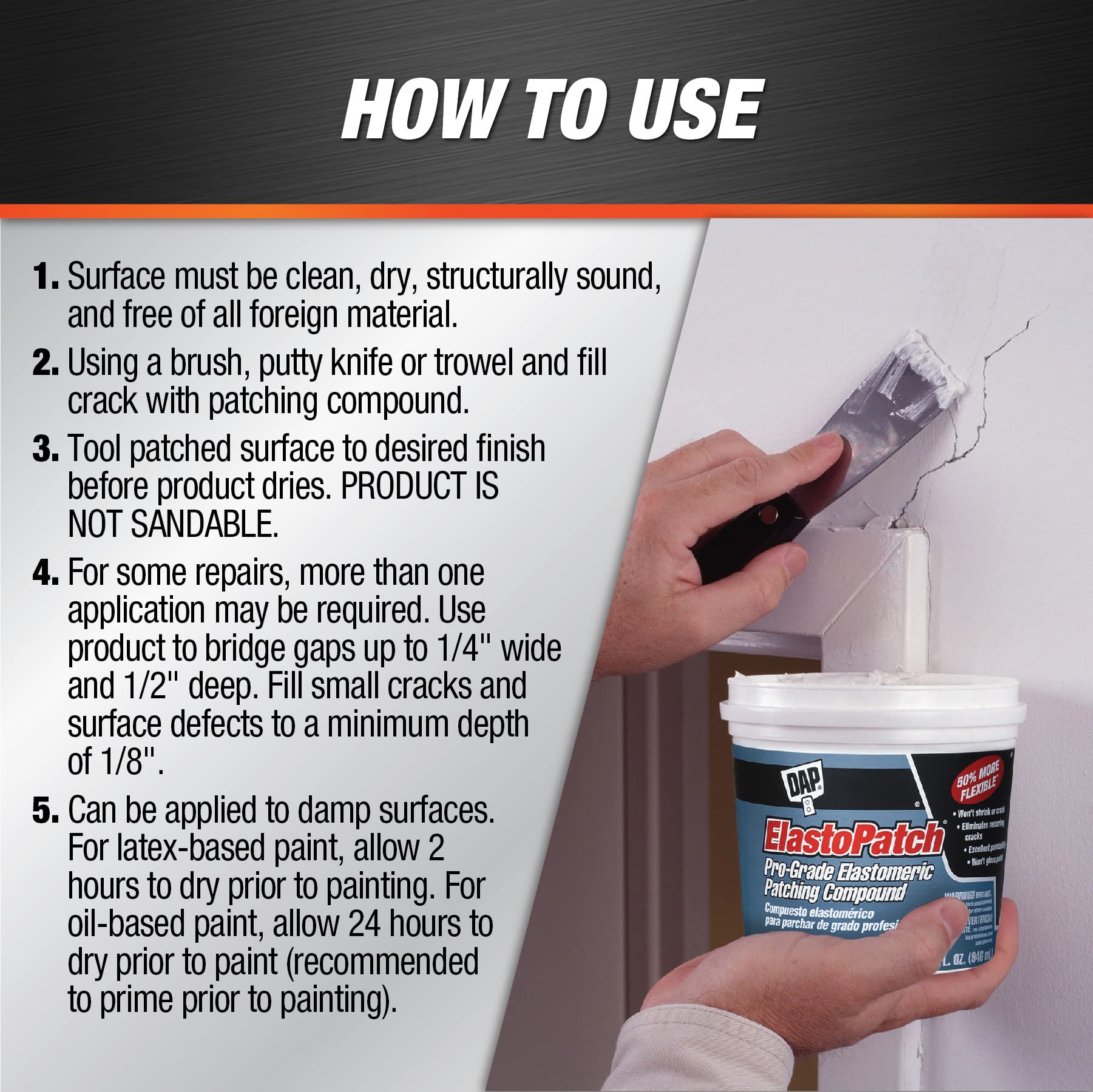 1 qt Dap 12278 ElastoPatch White Pro-Grade Elastomeric Patching Compound, Pack of 1