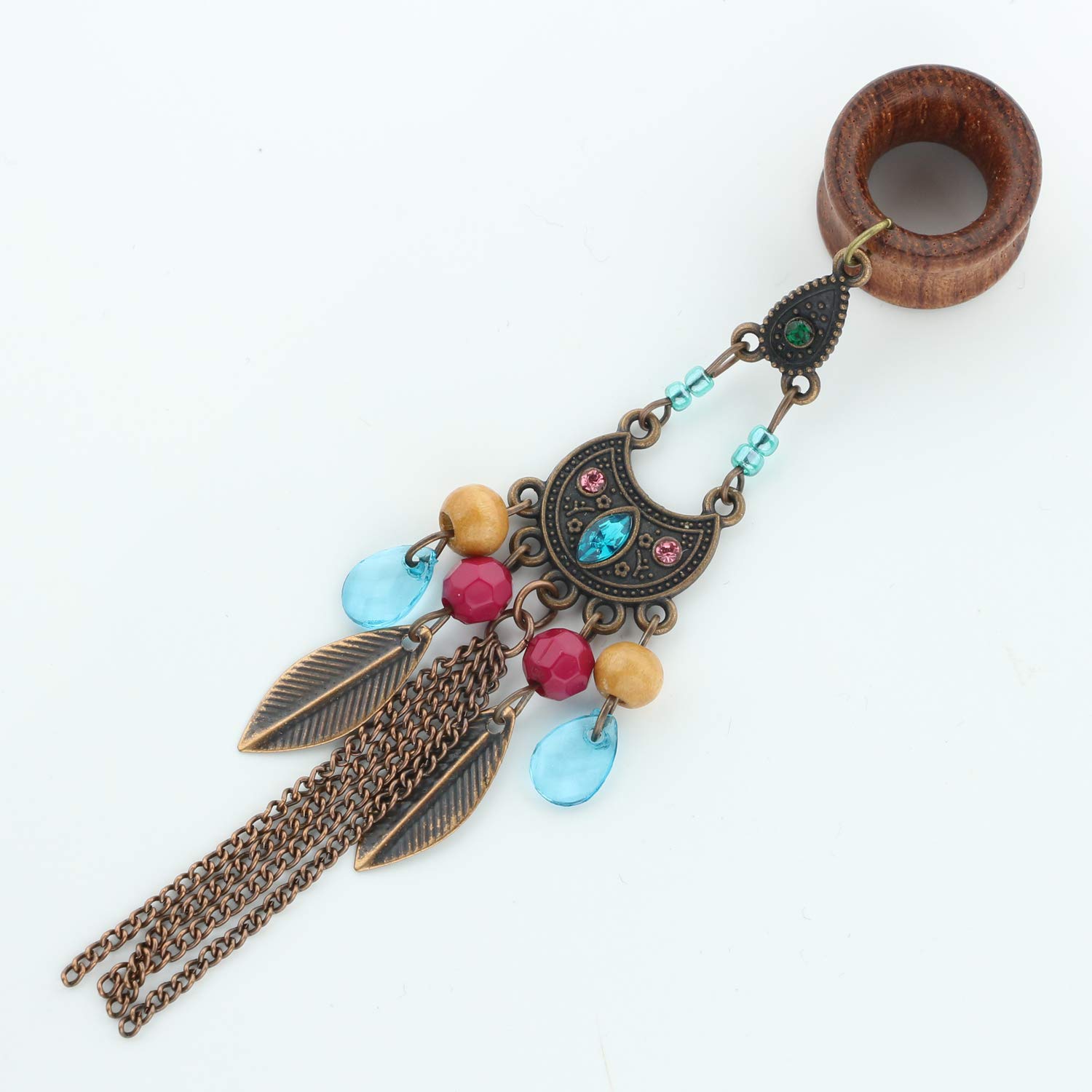 00G 10mm Bohemia Beads Owl Tassel Wood Dangle Ear Gauges Piercing Flesh Tunnels Plugs Statement Earrings