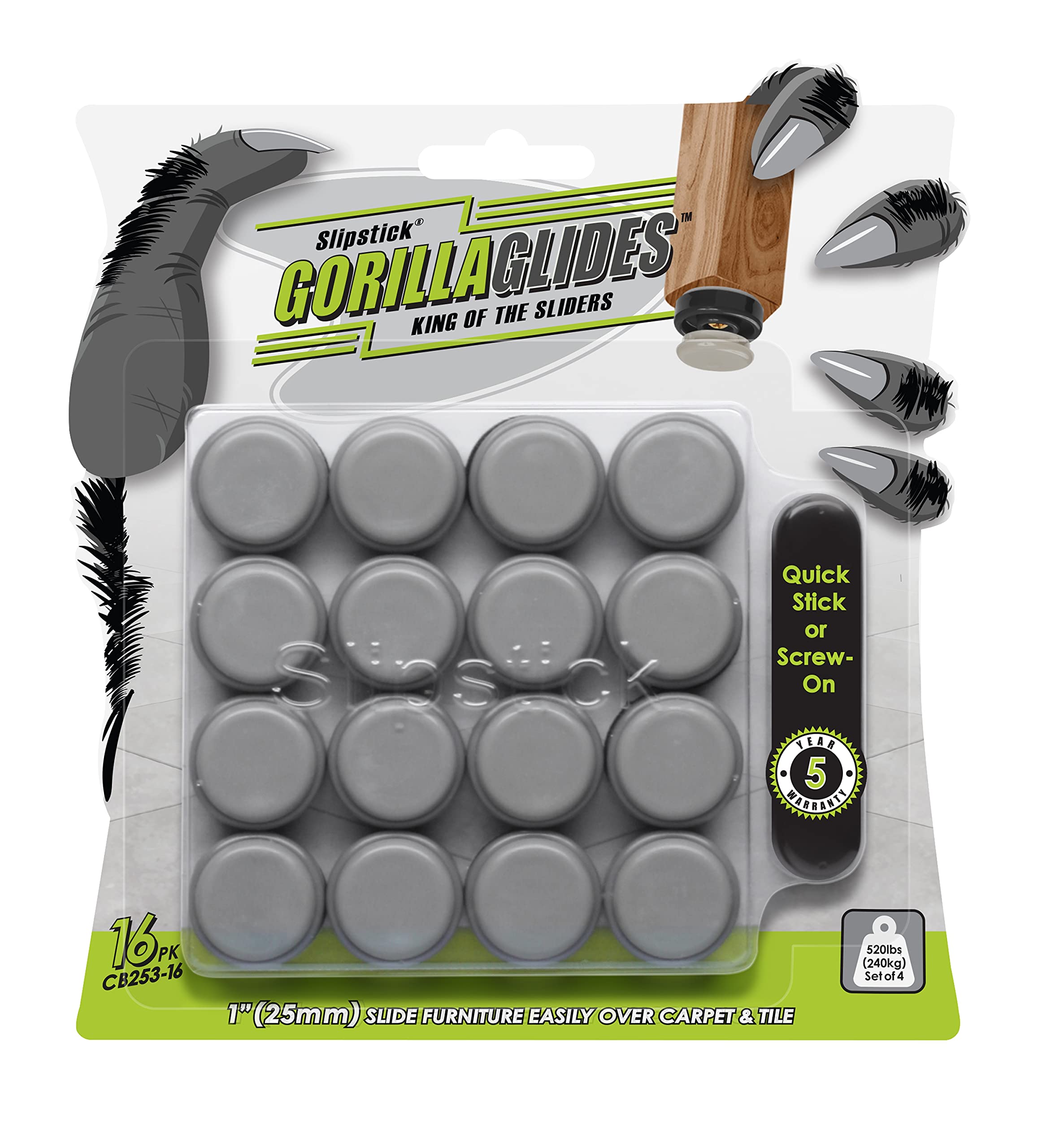 1" GorillaGlides with GorillaFelt Inserts 16 Pack