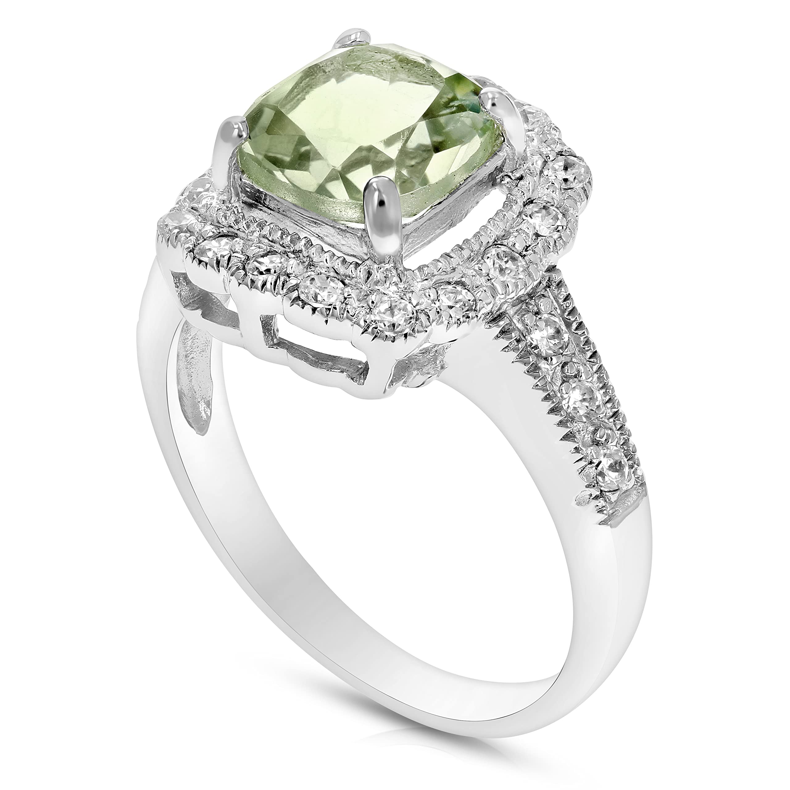 1 cttw 7 MM Cushion Cut Green Amethyst Prasiolite Ring in .925 Sterling Silver Size 9