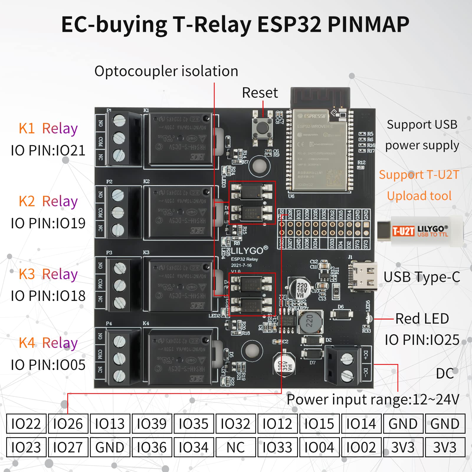 000 T-Relay ESP32 WROVER E Development Board DC 5V 4 Channel Relay Development Board 4mb Flash WiFi Remote Switch Control Bluetooth Support USB Power Supply for Arduino IDE