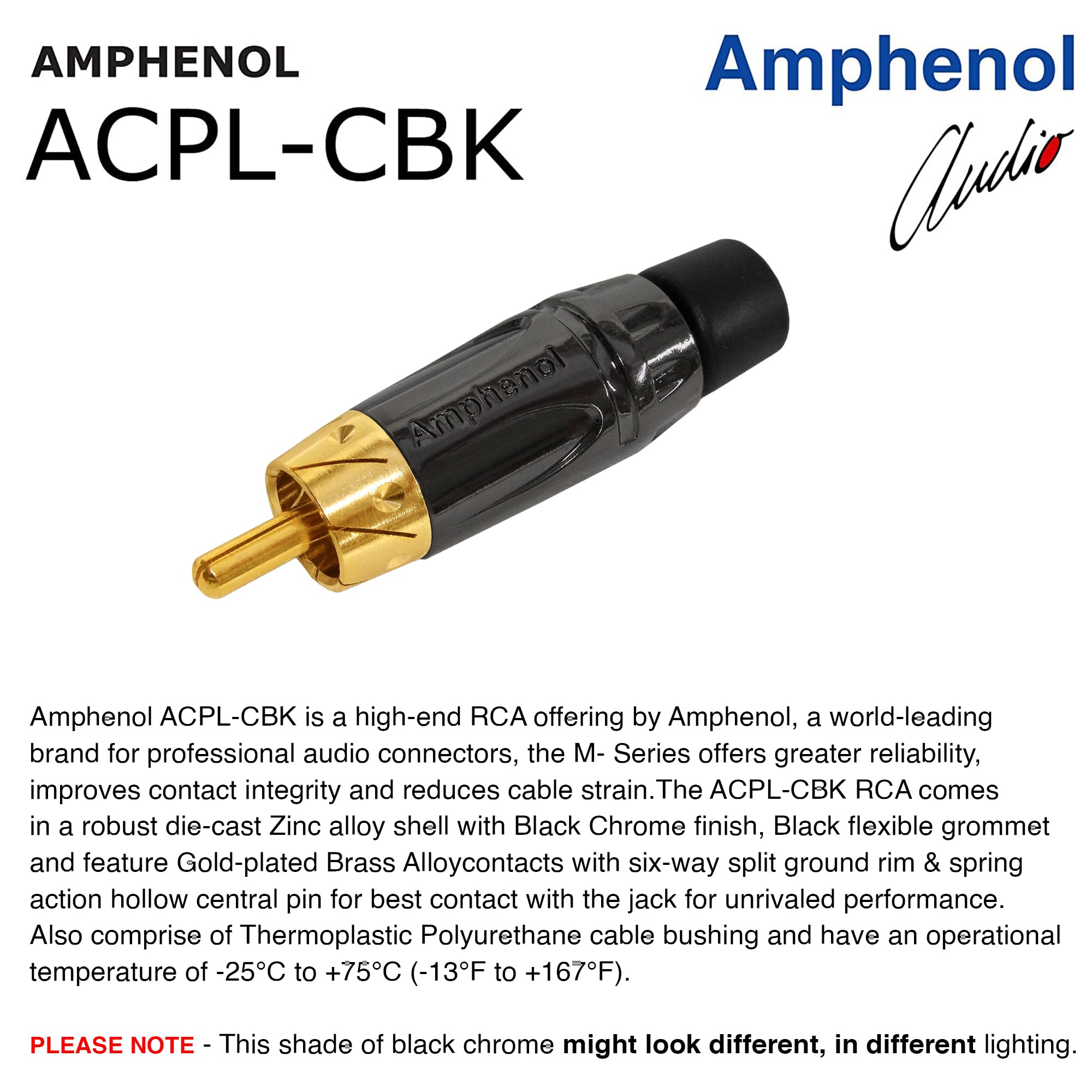 1 Foot RCA Cable Pair - Gotham GAC-4/1 (Black) Star-Quad Audio Interconnect Cable with Amphenol ACPL Black Chrome Body, Gold Plated RCA Connectors - Directional