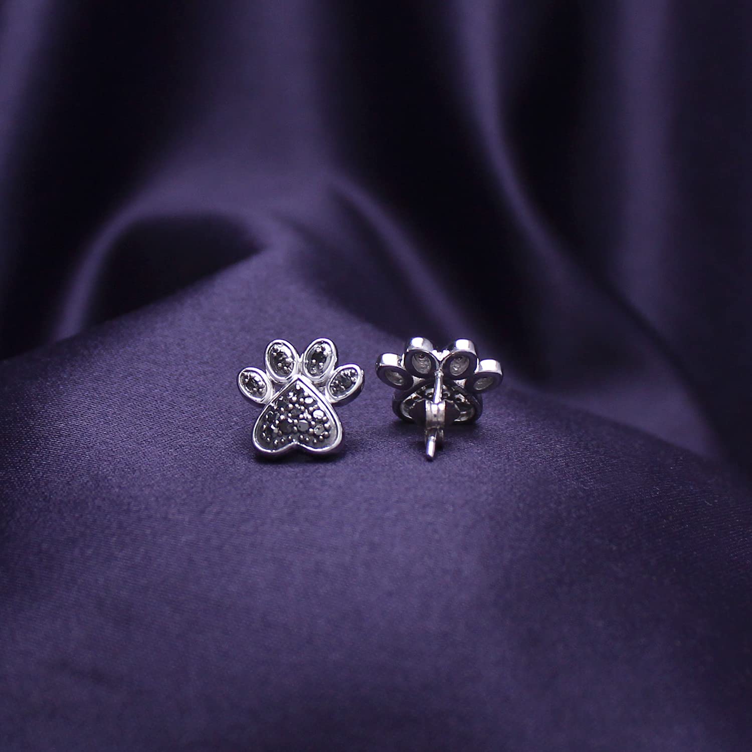 0.25 carat Black Natural Diamond Accent Paw Print Stud Earrings in 14k White Gold Over Sterling Silver