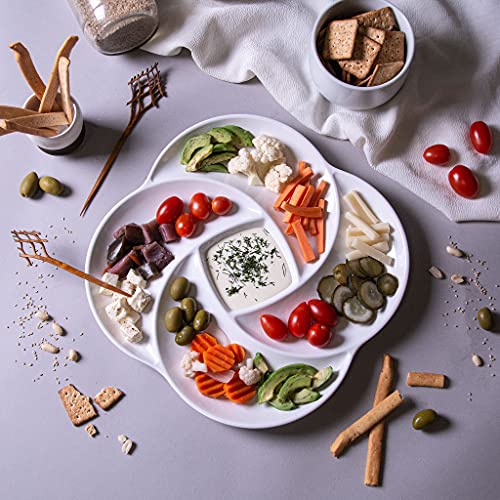 1 Ecology Reusable Non Disposable White Veggie Tray for Partys. 13 in, Unbreakable Melamine Not Plastic. Appetizer Sectioned Platter. Vegetables and Fruits. Chip and Dip Serving Dish for entertaining.