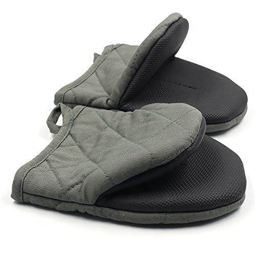 1 Pair Short Oven Mitts, Heat Resistant Silicone Kitchen Mini Oven Mitts for 500 Degrees, Non-Slip Grip Surfaces and Hanging Loop Gloves, Baking Grilling Barbecue Microwave Machine Washable (Gray)
