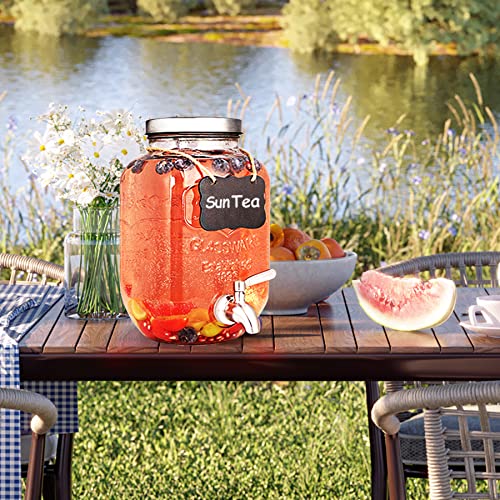 1 Gallon Drink Dispenser with Spigot 18/8 Stainless Steel β Airtight & Leakproof Glass Sun Tea Jar with Anti-Rust Lid, Beverage Dispenser for Parties β Include Ice Cylinder and Fruit Infuser
