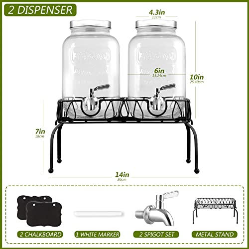 1 Gallon Beverage Dispenser with Stand, 18/8 Stainless Steel Spigot- [2 Pack] Airtight & Leakproof Glass Sun Tea Jar with Anti-Rust Lids, Drink Dispensers for Parties - Laundry Detergent Dispenser