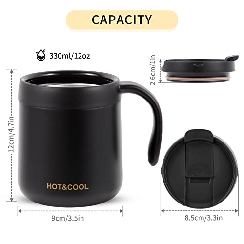 12oz/18oz Insulated Coffee Mug with Handle and Lid, Double Wall Vacuum Stainless Steel Coffee Travel Mug, Tumbler Cup,Reusable and Durable Travel Coffee Cup Thermal Cup, Black 12oz