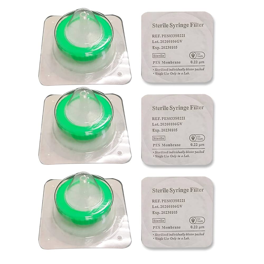 10 Pack Sterile Syringe Filter PES Hydrophilic Filtration 0.22um Pore Size, 33mm Diameter Membrane Sterile PES Membrane Individually Packed by Finetech Made in Taiwan