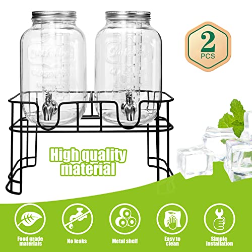 1 Gallon Glass Drink Dispensers For Parties 2PACK.Beverage Dispenser,Drink Dispenser With Stand And Stainless Steel Spigot 100% Leakproof.Glass Drink Dispenser With Ice Cylinder. Lemonade