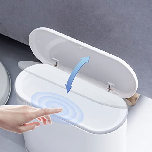 10 Liter Slim Trash Can with Press Top Lid, Oval Split Garbage Bin for Home, Office, Bathroom, (White)