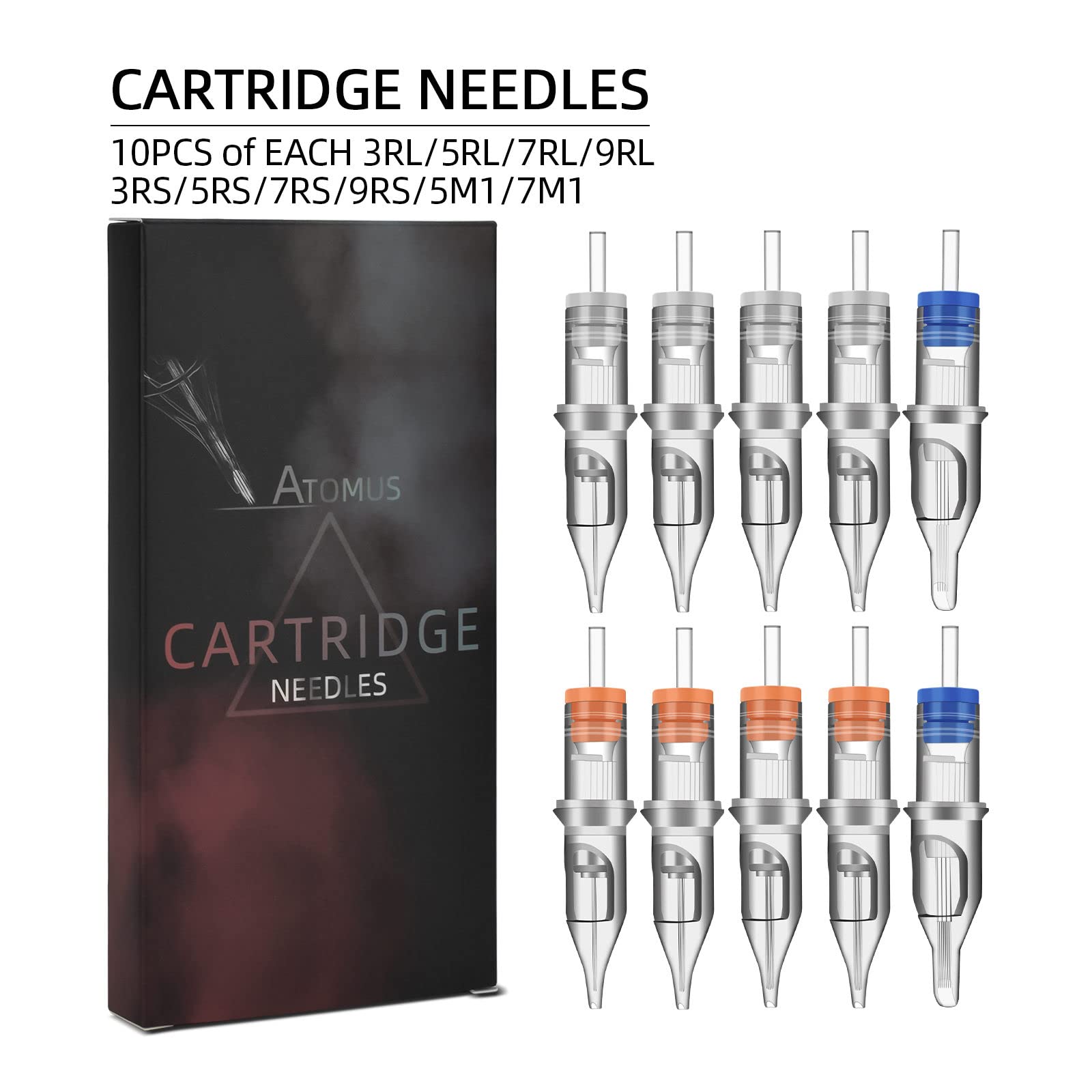 100pcs Mixed Tattoo Cartridge Needles, ATOMUS Assorted Disposable Tattoo Needle 3RL 5RL 7RL 9RL 3RS 5RS 7RS 9RS 5M1 7M1 for Tattoo Machine