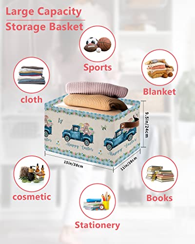 1 PCS Large Storage Basket Bins Waterproof Fabric, Easter Rectangular Storage Box for Shelf Closet Organizer Easter Egg Easter Bunny Butt Blue Plaid Spring Holiday Rustic
