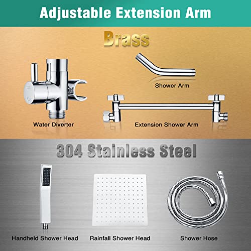 10 Inch All Metal High Pressure Rainfall Shower Head with Handheld Combo, Rain Shower Head with Handheld Spray,3-Way Diverter,Height & Angle Adjustable Extension Arm,70" Flexible Hose