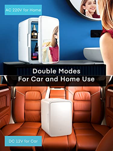 10 Liter/11 Can Mini Skincare Fridge with 3-Mode LED & Mirror, 110V AC/12V DC Portable Cooler & Warmer Small Refrigerator for Skin Care Cosmetic Makeup, Perfect for Office Bedroom Dorm Car, White