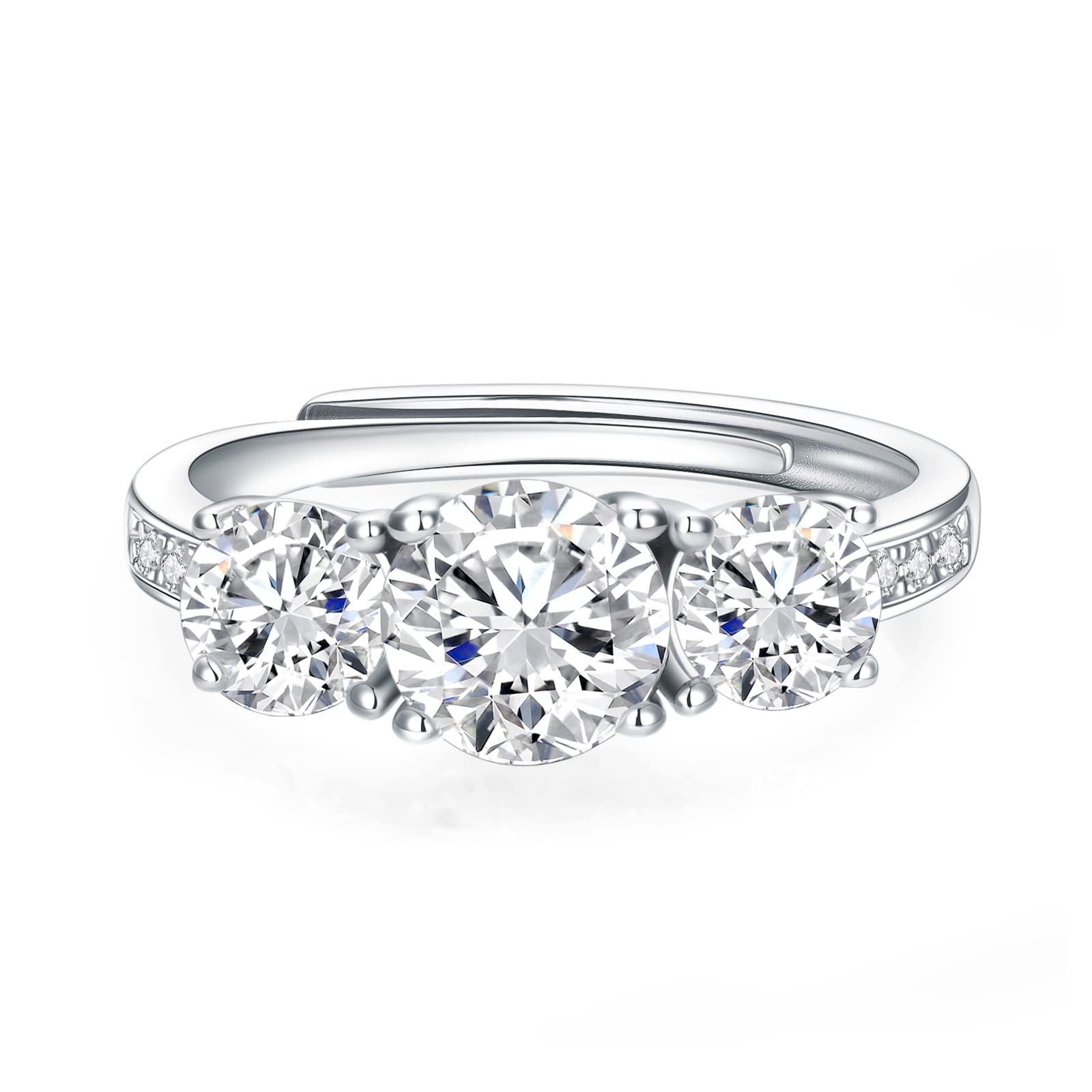 1 .15 Carat (ctw) 3-Stone Moissanite Adjustable Engagement Rings for Women Platinum Plated Silver Moissanite Rings (Adjustable size 5-9)