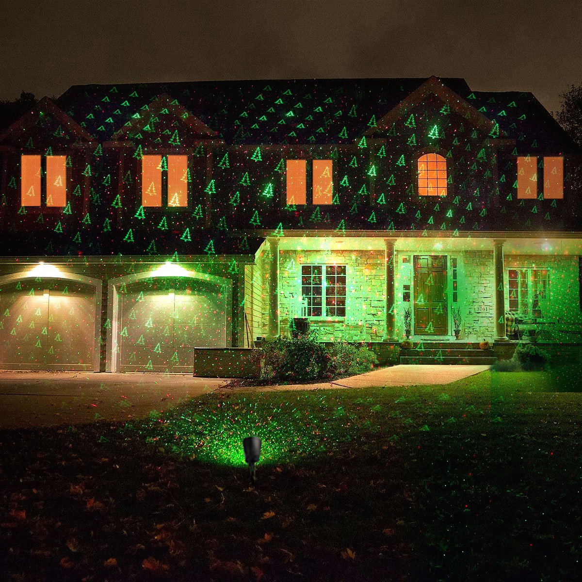 1 BY ONE OUS00-0817 Laser Green Christmas Tree and Red Stars Show, Projection Lights for Xmas, Holiday, Party, and Garden Decoration