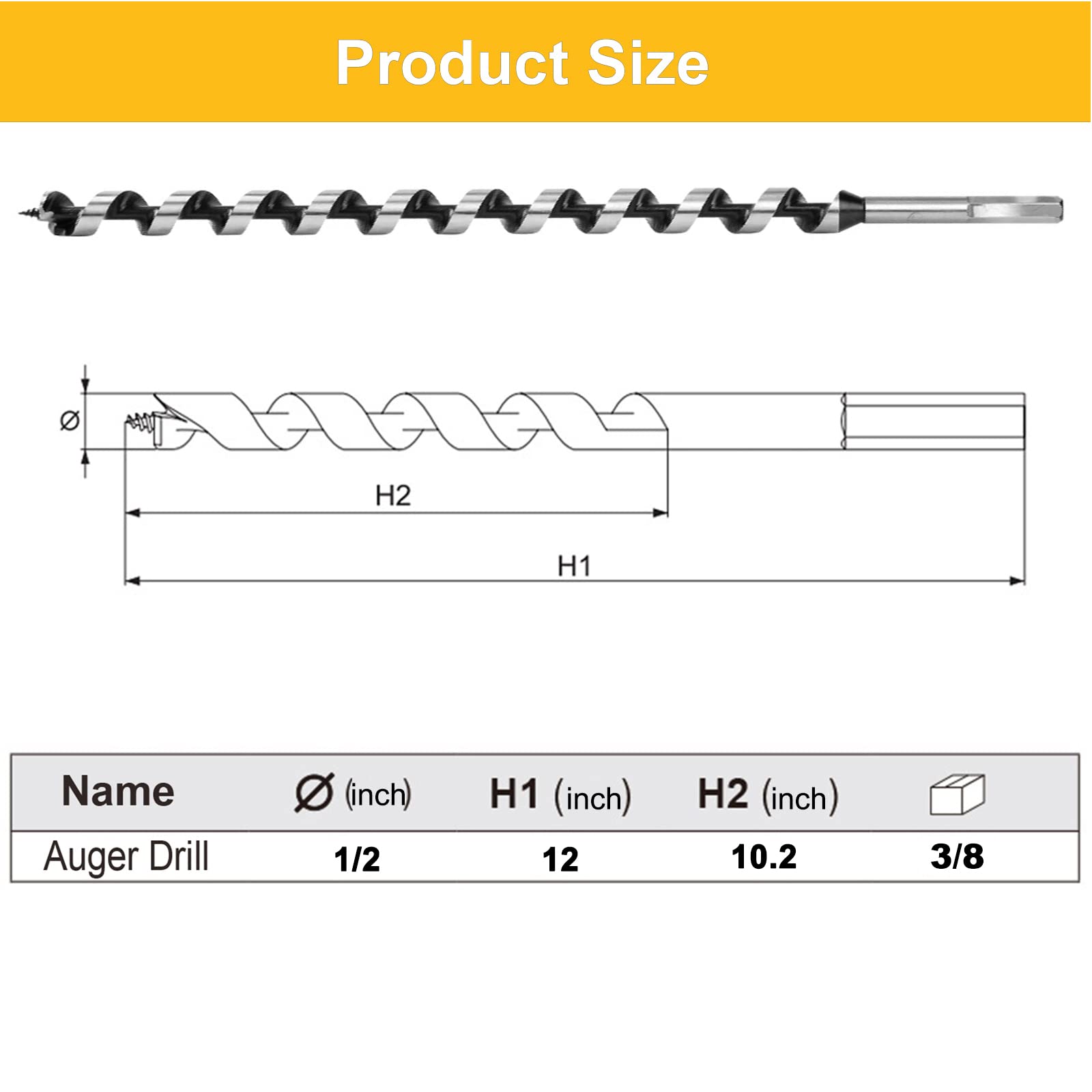 1/2-Inch x 12-Inch Auger Drill Bit for Wood, Long Drill Bit with Hex Shank 3/8-Inch, Carbide Auger Drill Bits for Soft and Hard Wood, Plastic, Drywall and Composite Materials