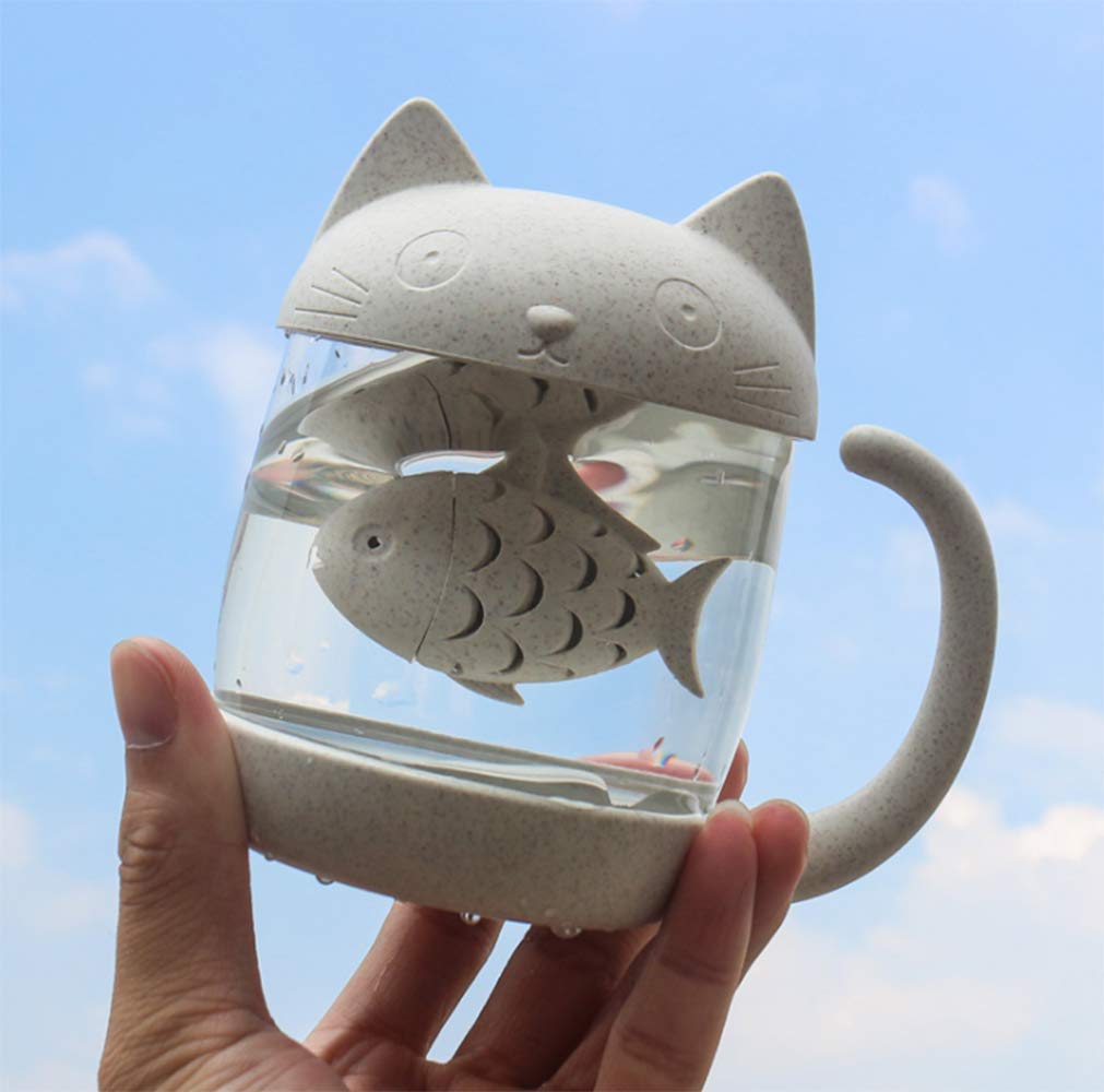10 oz Cat Glass Cup Tea Mug with Infuser Set and Lid,Glass Teas Mug with Handle,Transparent Tea Cup with Fish Shaped Strainer Filter