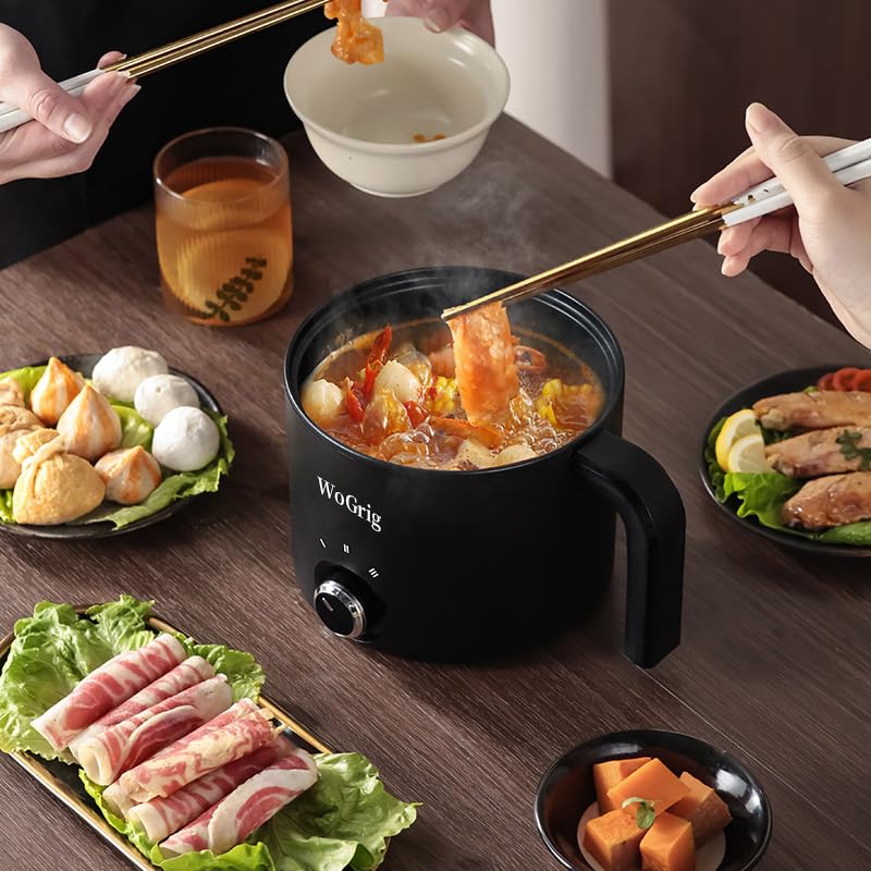 1.8L Electric Hot Pot,Ramen Cooker, Dual power supply Mini Portable Multi-Functional Lazy Pot for Pasta, Noodles, Egg, Soup,Rice,Non-Stick Noodle Cooker with Boil Dry Protection for Dorm, Office