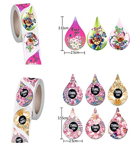 1 inch Water Drop Thank You Stickers, 500 Stickers per roll, 9 Designs in Total, 1000 Multi-Color Thank You Stickers (2 Rolls in Total)