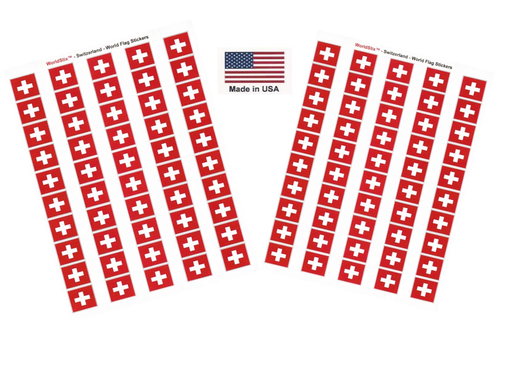 100 Switzerland Flag Stickers; American Made Decals Measure 1.5" x 1" & are Self Adhesive; Two Sheets of 50, 100 Sticker Flags Total