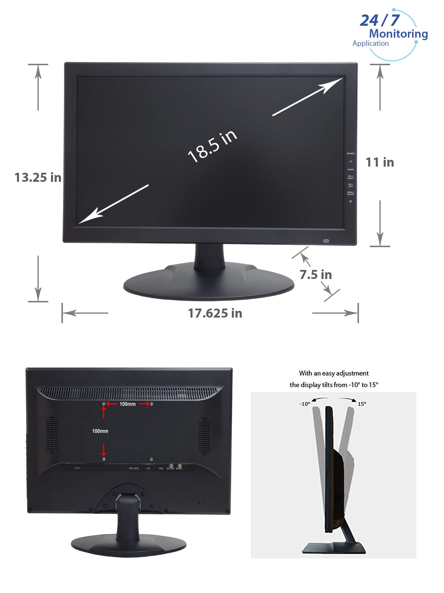 101AV 18.5 LED Security Monitor HDMI up to Ultra HD 4K/8MP 3840x2160,VGA & BNC Input/Output Build in Speaker Audio Video Display VESA Compatible for CCTV DVR Home Office Surveillance 24/7