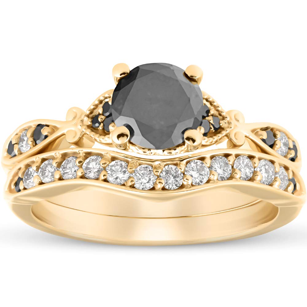 1 3/4 Ct Black & White Diamond Engagement Wedding Ring Set 10k Yellow Gold - Size 9