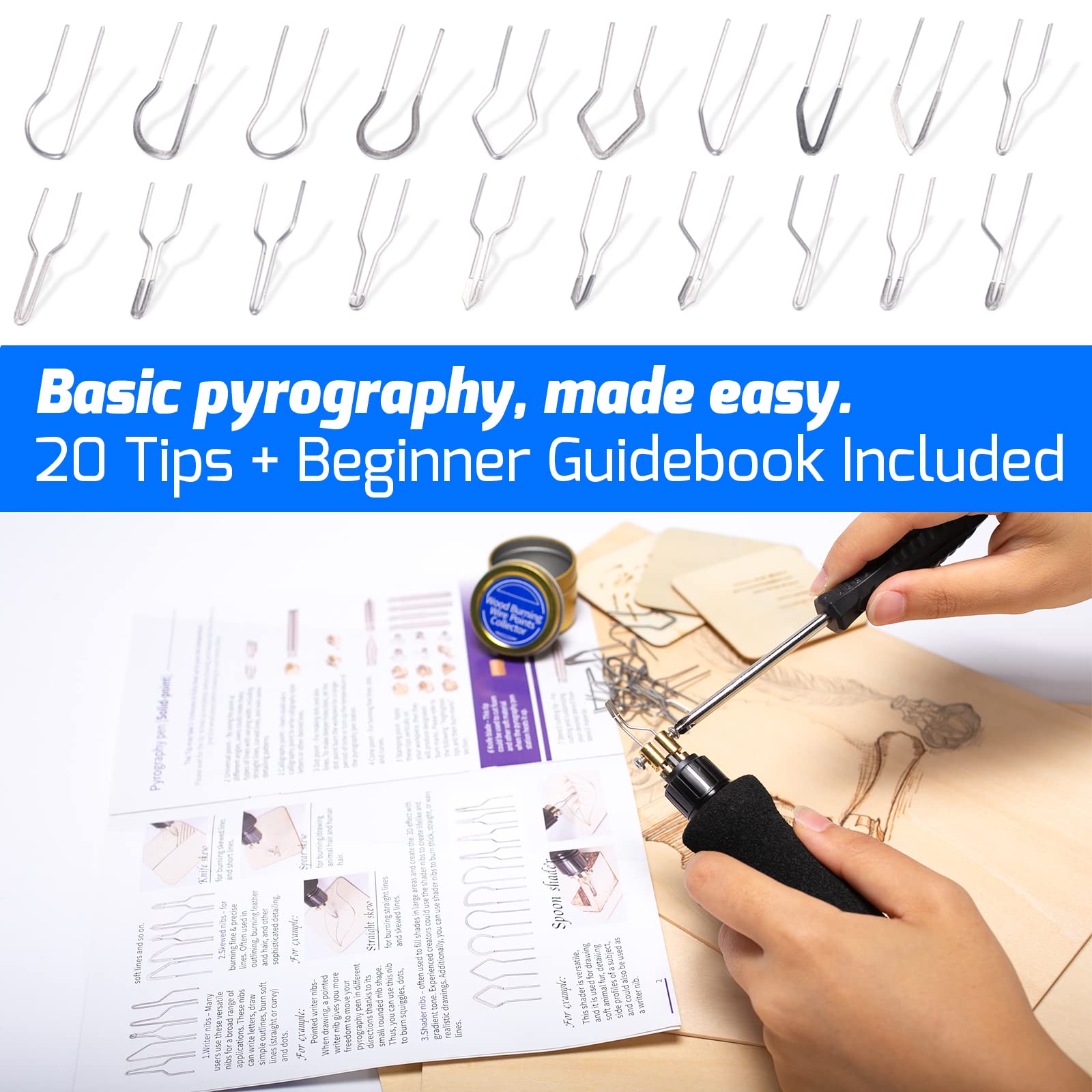 WEP 939D-VI Dual Pen Wood Burning Kit 250-750℃/482-1382℉ A/B Toggle Wood Burning Tool with 2 Detachable Pens, 20 Wood burner Tips, Dual-Barrel Holder. Suitable for Pyrography, Leather Burning Kit