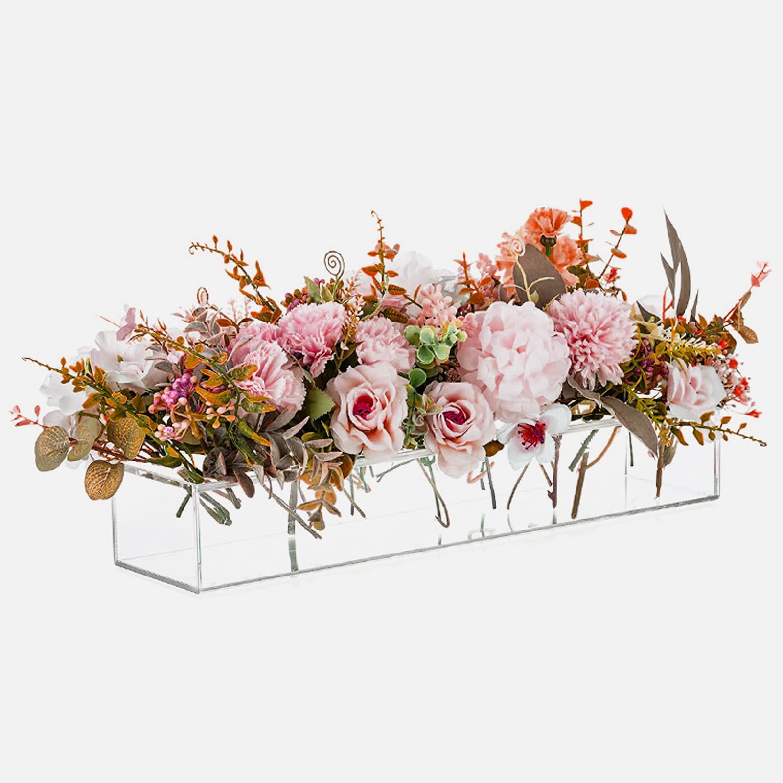 1 Pack Clear Acrylic Flower Vase Rectangular Floral Centerpiece for Dining Table, Home, Weddings Decor, 11.8 Inches Long Acrylic Vase with 12 Holes for Flowers