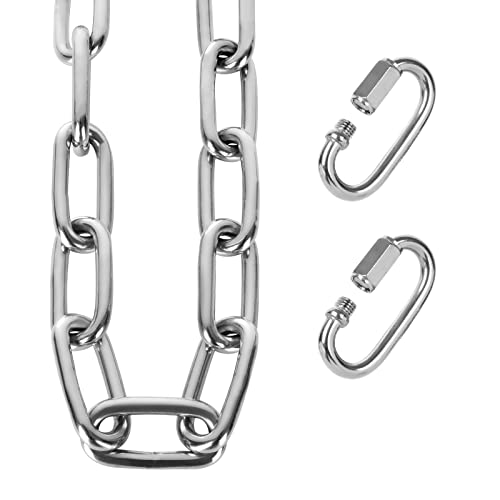 1/4” Hanging Link Chain, 6.56 Feet 304 Stainless Steel Link, 78.7 Inch Hanging Chains, 1300lb Capacity Heavy Duty Chains Hanging Kits for Swing Chairs, Hammocks, Rope, Punching Bags Outdoor/Indoor