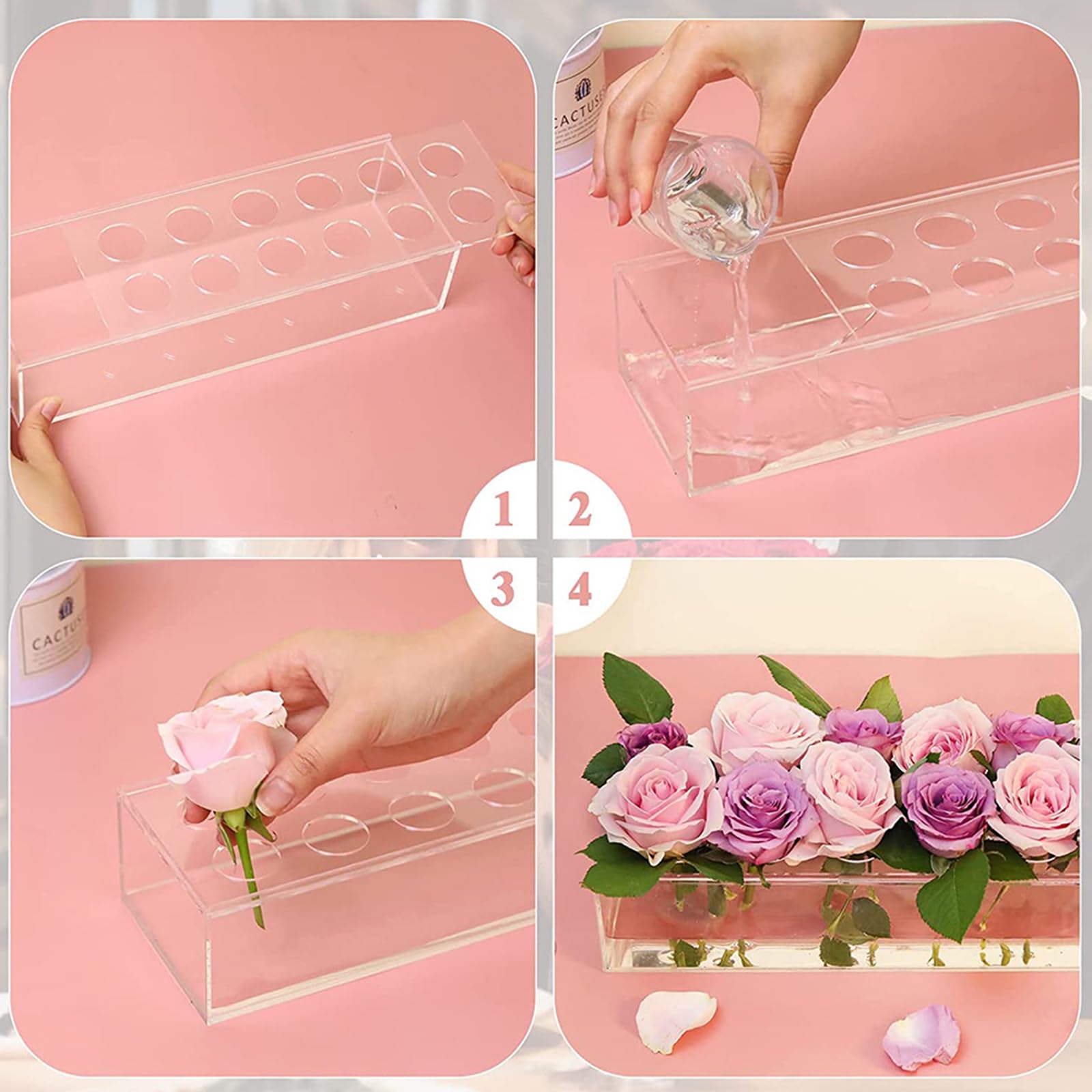 1 Pack Clear Acrylic Flower Vase Rectangular Floral Centerpiece for Dining Table, Home, Weddings Decor, 11.8 Inches Long Acrylic Vase with 12 Holes for Flowers