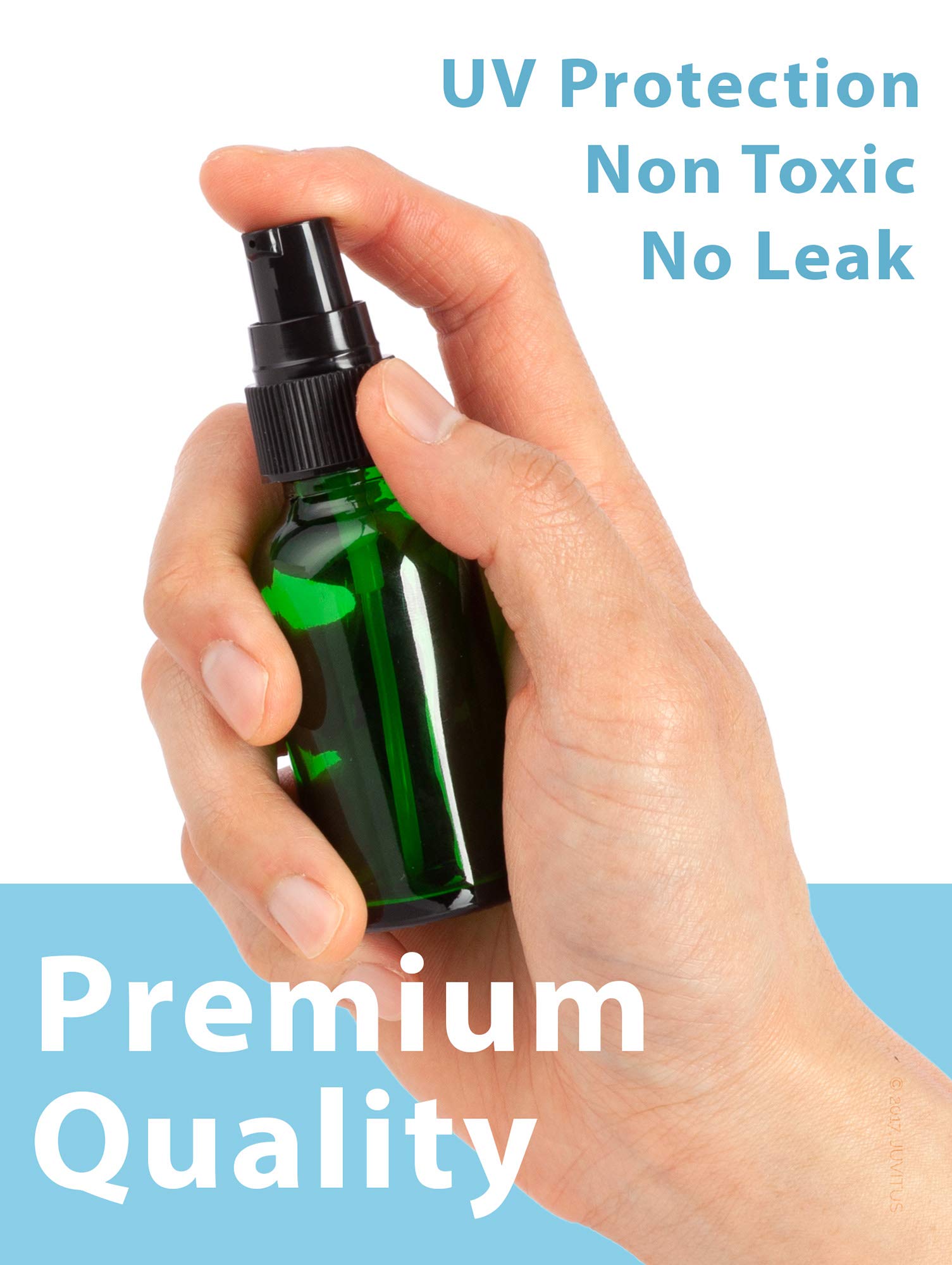 1 oz / 30 ml Green Glass Boston Round Bottle with Black Treatment Pump (12 Pack) + Clear Travel Bag and Funnel
