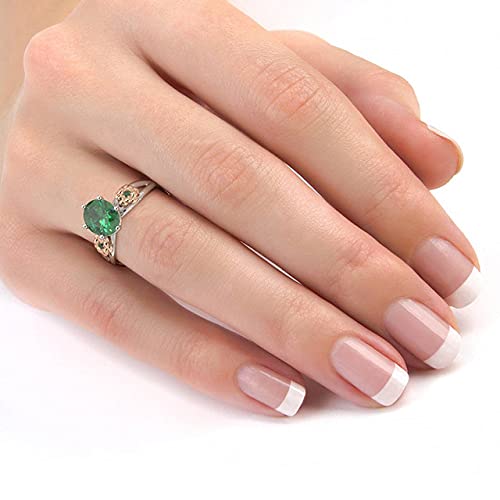 1 1/9 CT Oval Shape Simulated Green Emerald Floral Wedding Engagement Ring in 14K White Gold Plated 925 Sterling Silver (1.10 Ctttw) Ring Size - 12