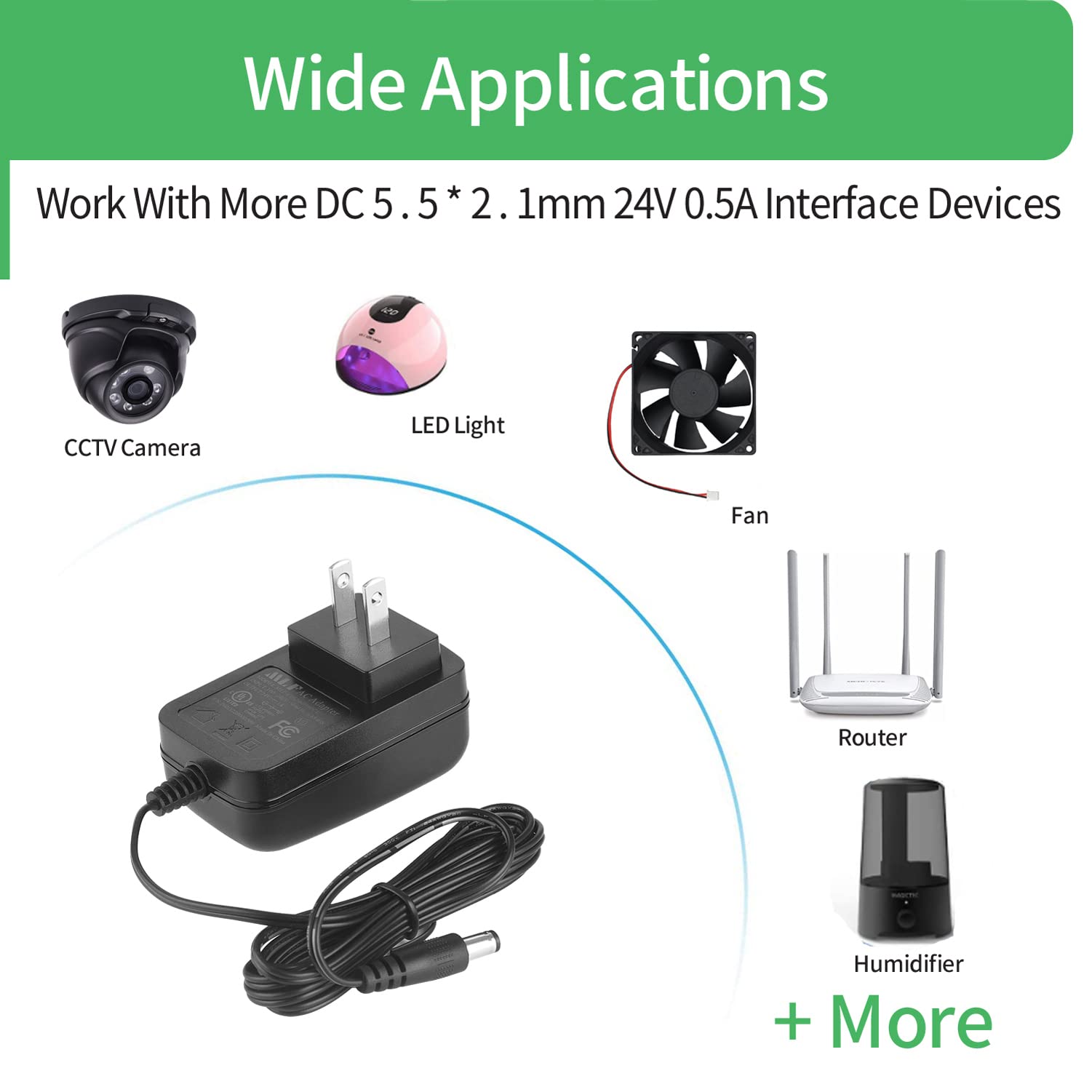 2-Pack AC to DC 24V 1A Power Supply Adapter, Plug 5.5mm x 2.1mm UL Listed FCC