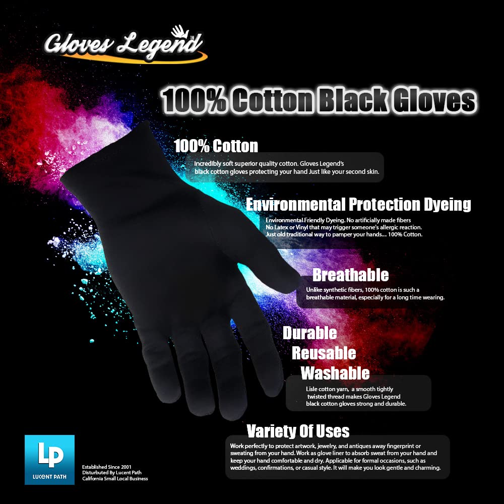 1 Pair (2 Gloves) - Gloves Legend Black 100% Cotton Jewelry Coin Silver Parade Fashion Inspection Work Safety Gloves - Size Large