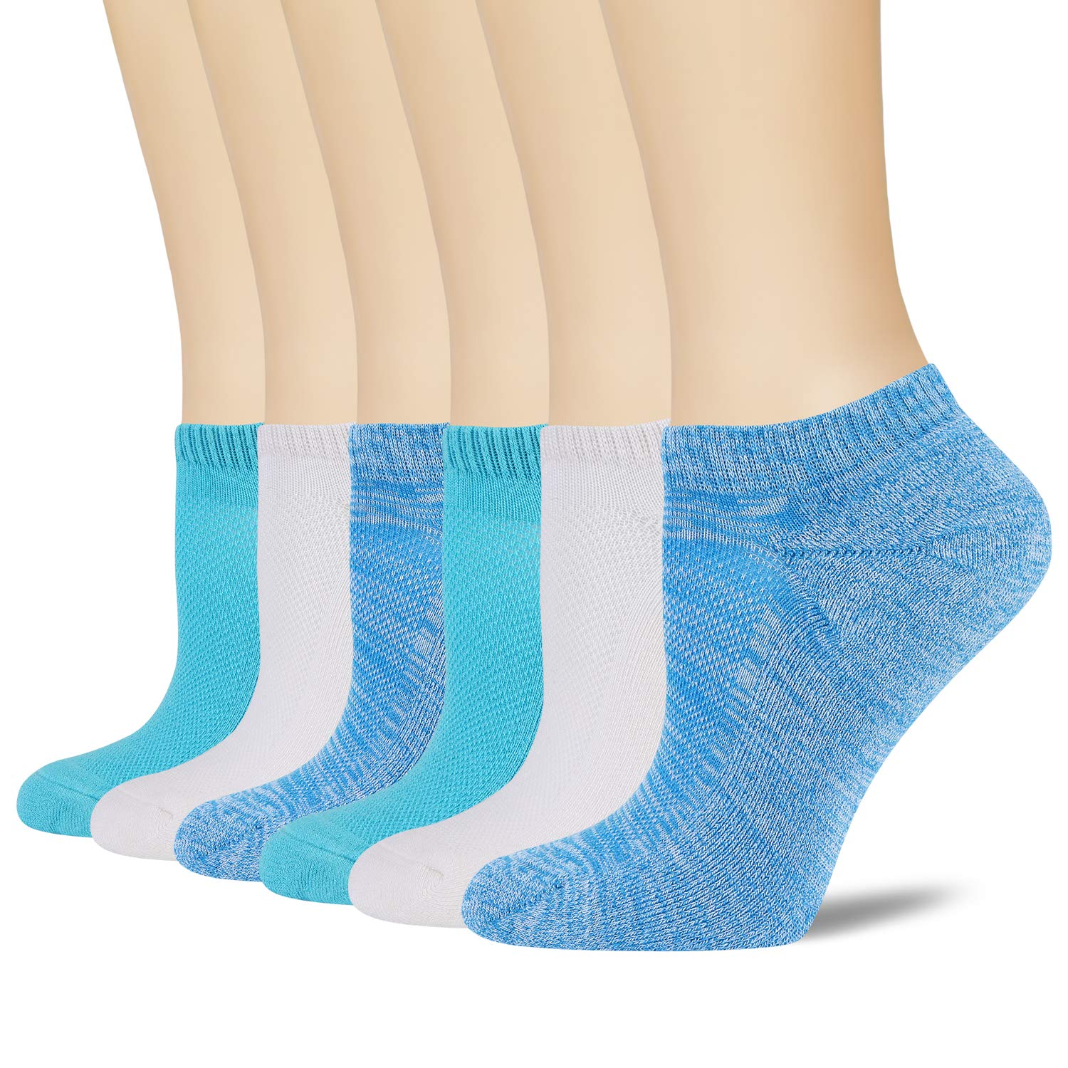 +MD Women’s Bamboo No Show Socks Colorful Cushioned Athletic Socks 6 Pack Blue 7-9