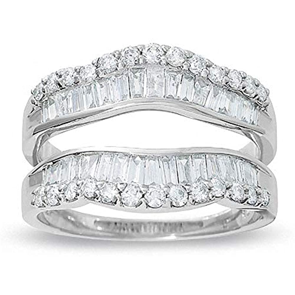 1 CT. T.W. Round & Baguette Cut D/VVS1 Clear Diamond Wrap Solitaire Enhancer Ring In 14K White Gold Plated 925 Sterling Silver (6.5)