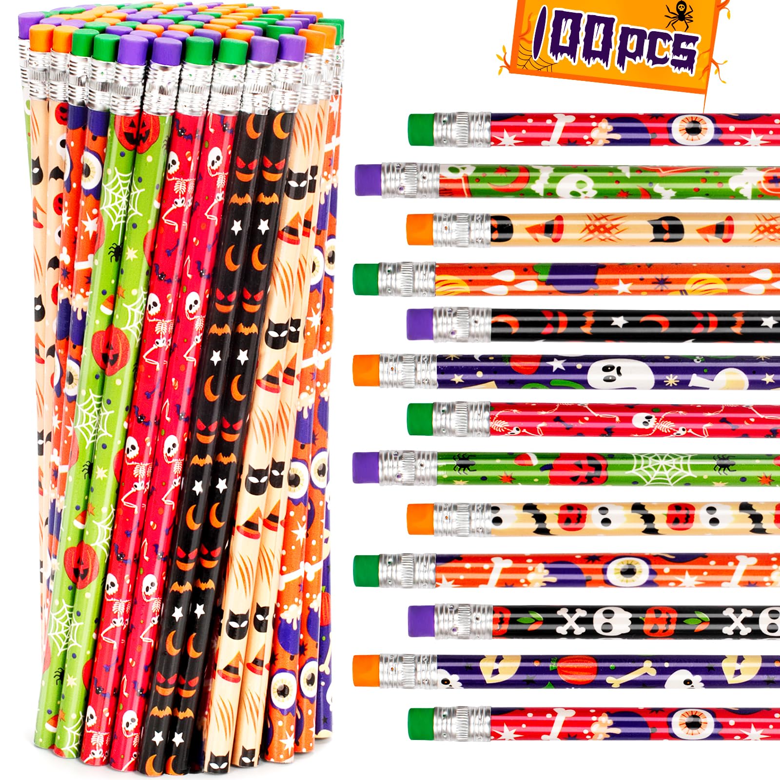 100 Pcs Halloween Pencil Assortment with Eraser, Colorful Wood Pencils in Halloween Design, Halloween Party Favors for Kids, Trick or Treat, Halloween Goodies Bags Filler, Game Prizes Classroom Reward