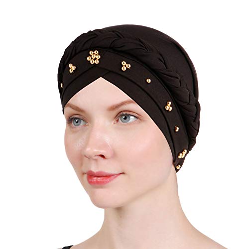 1 Pack / 2 Packs / 4packs Women Turban Twisted Beaded Braid Chemical Cancer Headscarf Cap Hair Covered Wrap Hat Coffee