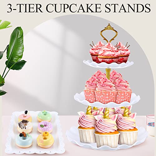 10 Pieces Cupcake Stand Set 4 Pcs 3 Tier Cake Stands Cupcake Tower Display Holder Cup Cake Tree Tower and 6 Pcs Appetizer Dessert Trays Table Set for Wedding Birthday Baby Shower Tea Party Decorations