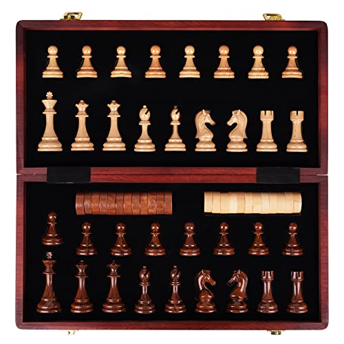 2 in 1 Acrylic+Metal Chess and Checkers Game Set- Travel Portable Chess Set for Adults & Kids Including 24 Wooden Checkers, Complete Chess Pieces Folding Wooden Chess Board Set - Durable Chess Sets