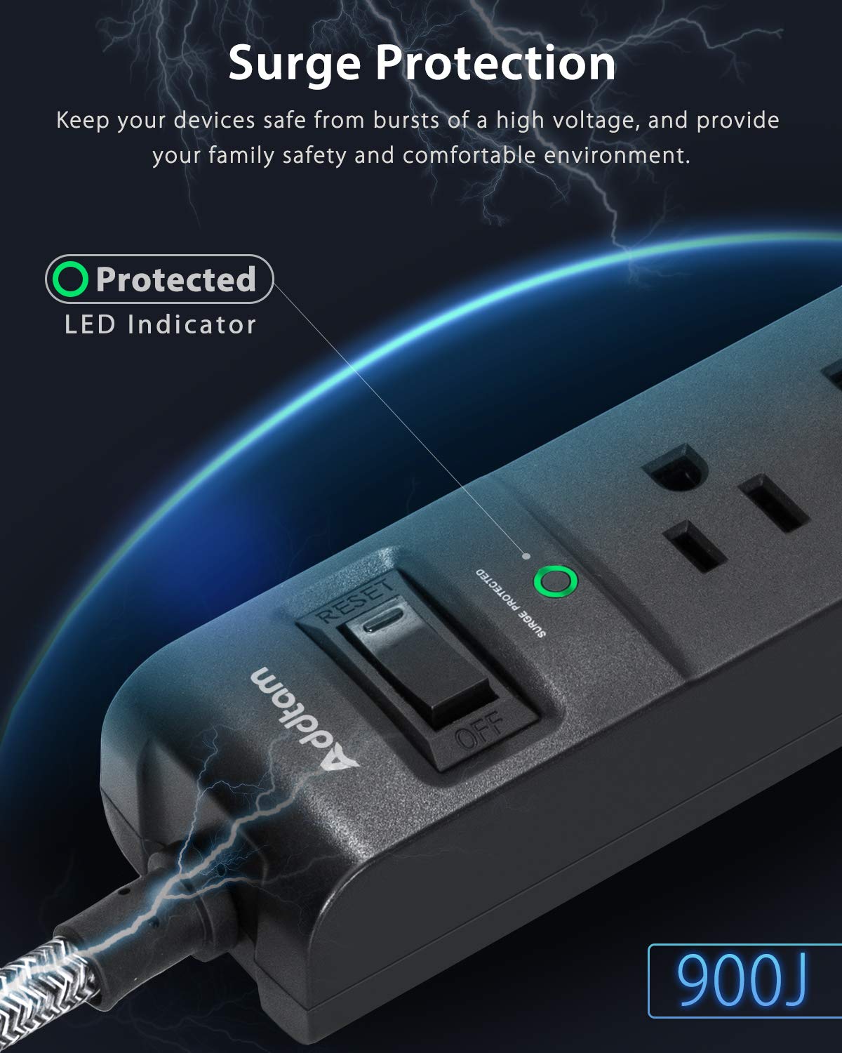10 Ft Power Strip Surge Protector- 5 Outlets 3 USB Ports, Flat Plug Braided Extension Cord, Overload Surge Protection, Wall Mount for Hotel, Home and Office.