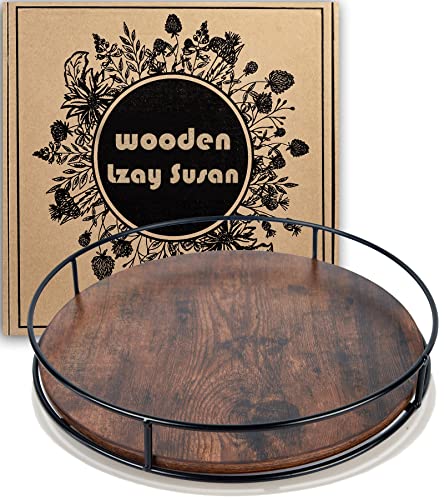 12 Inch Wood Lazy Susan Turntable for Table, Kitchen Rustic Brown Turntable Organizer with Steel Frame, 360 Degree Decorative Turntable for Countertop Cabinet or Centerpieces